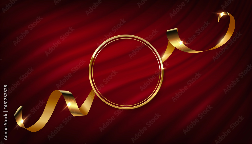 Golden round frame with ribbon on red curtain background. Vector gold ...