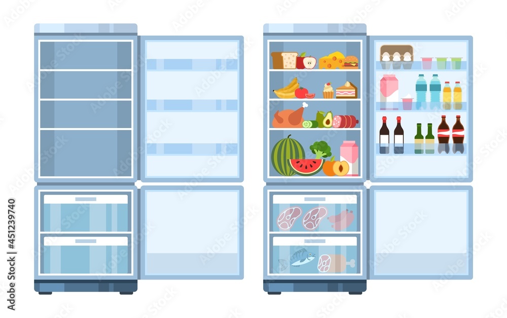 Fridge. Open empty refrigerator and with products, healthy food water ...