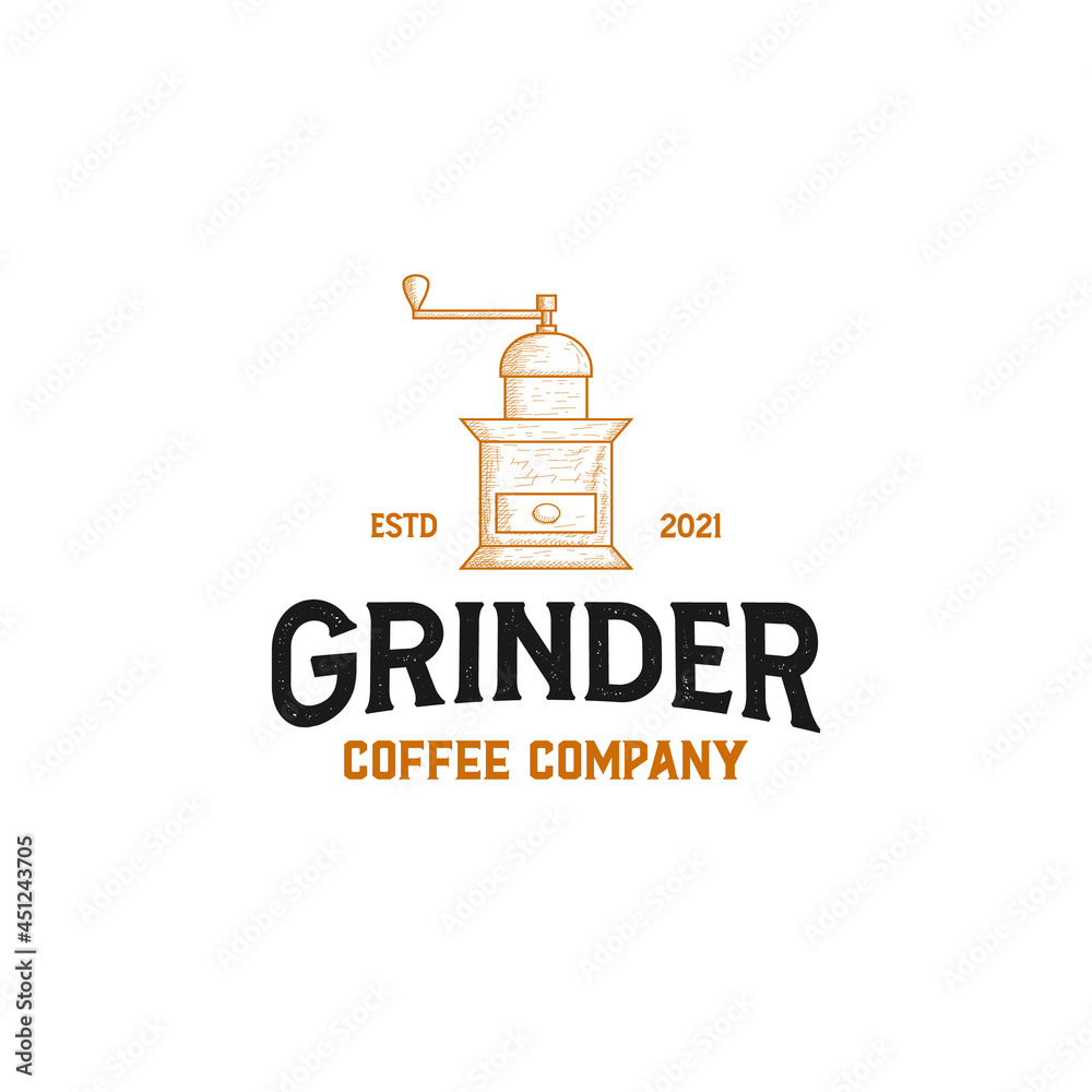 Coffee grinder logo with vintage hand drawn rustic style for cafe shop ...