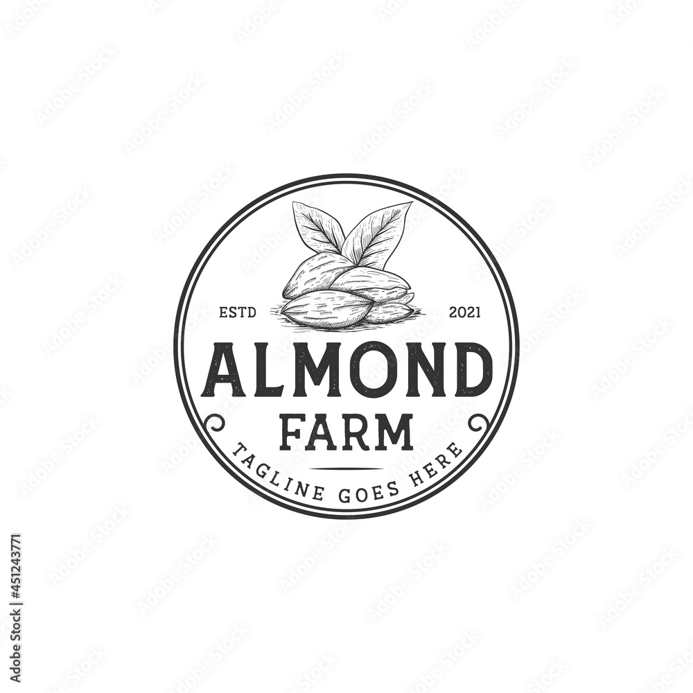 Almond logo nuts with vintage retro rustic style for farmer, farm Stock ...