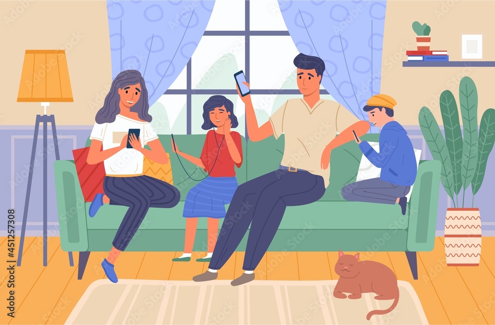 Family using gadgets. Parents and kids home, online time, users ...