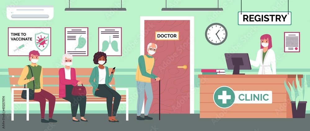 Doctor office queue. Patients waiting their turn for vaccination or ...