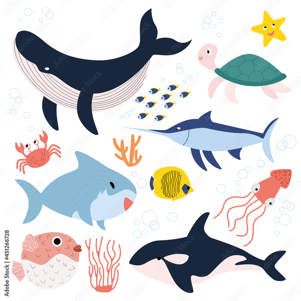 Vector set of fish: octopus, hedgehog fish, sawfish, exotic fish ...