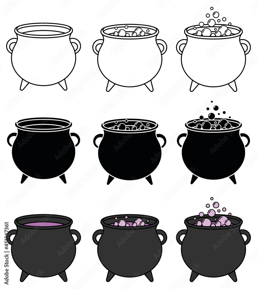 Bubbling Cauldron Clipart Set - Outline and Silhouette Stock Vector ...