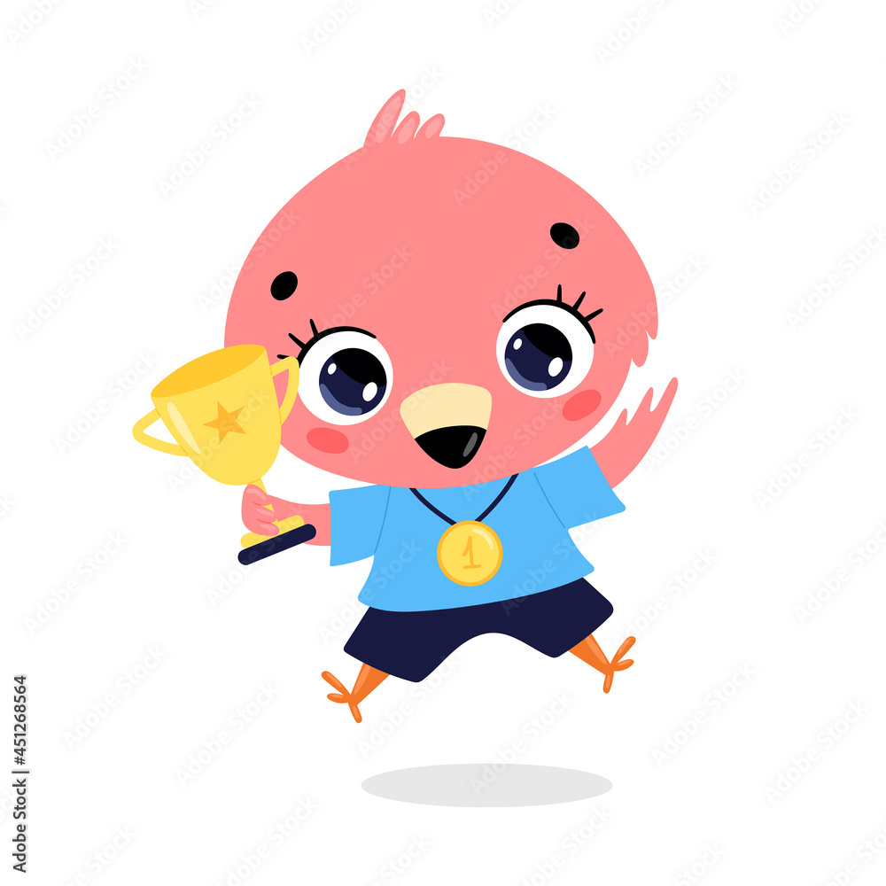 Cute cartoon flat doodle animals sport winners with gold medal and cup ...