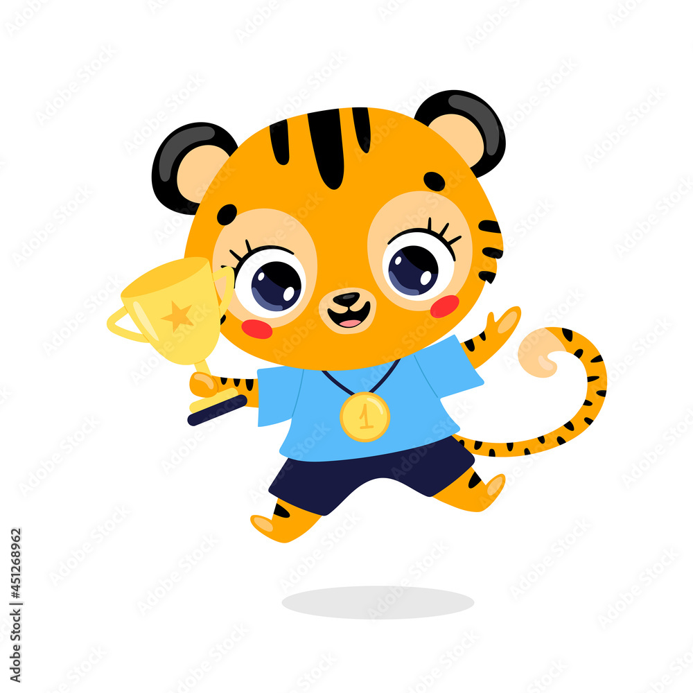Cute cartoon flat doodle animals sport winners with gold medal and cup ...