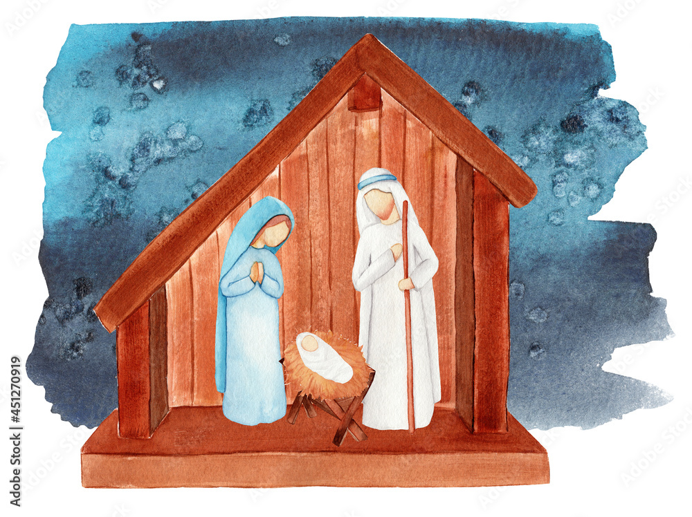 Christmas Nativity scene with Mary, Joseph and Baby Jesus. Hand drawn ...