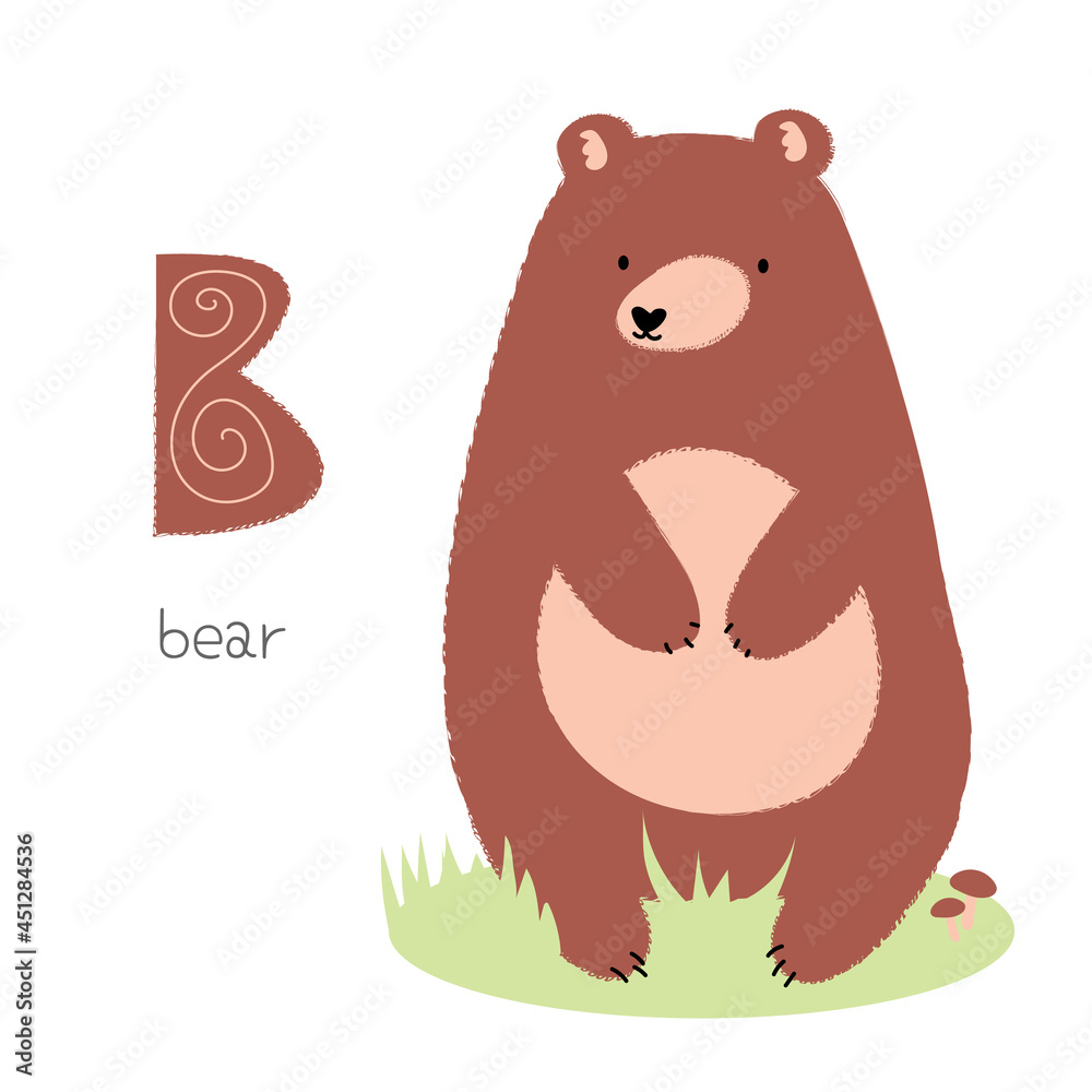 Animals alphabet. B for bear. Flat vector illustration on white ...