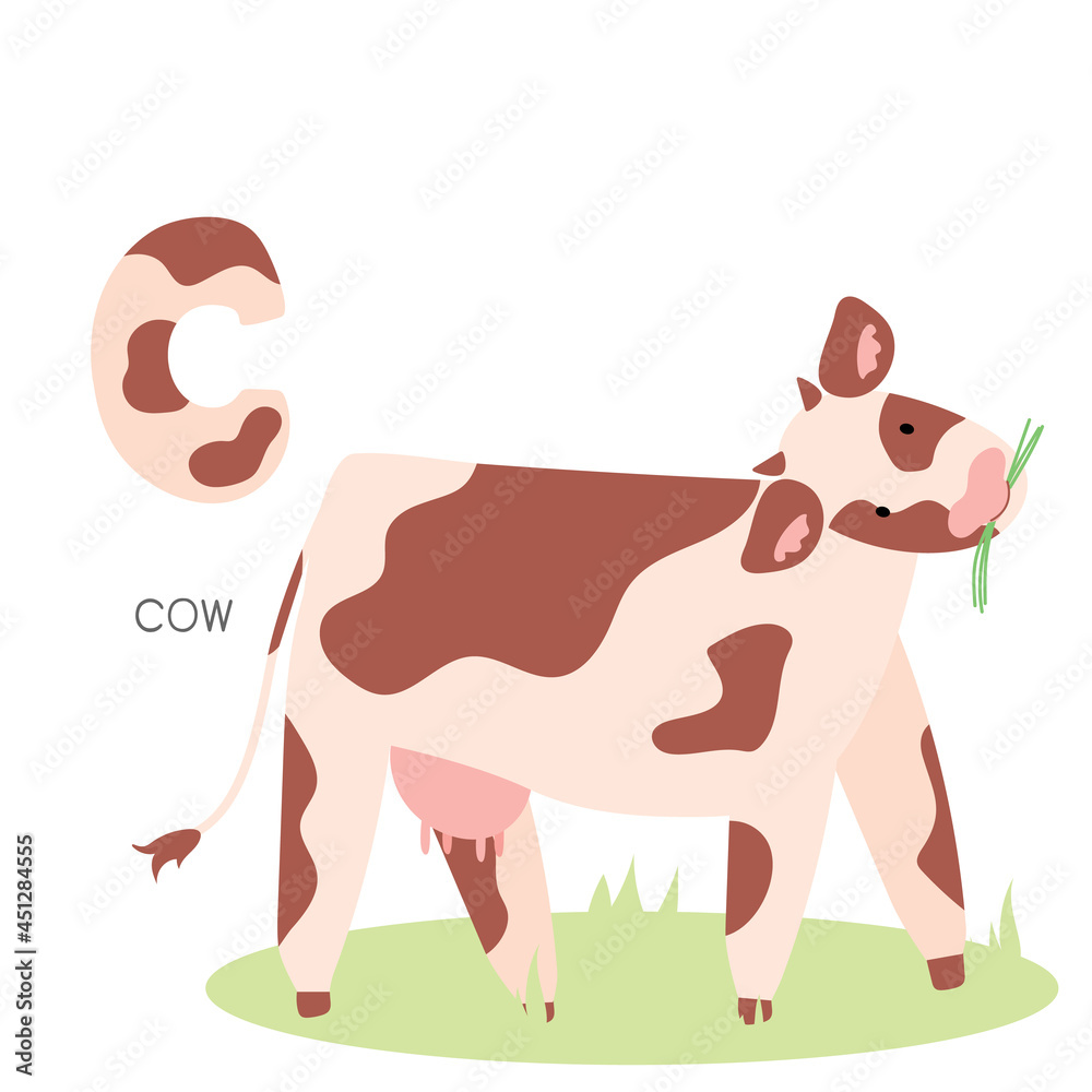 Animals alphabet. C for cow. Flat vector illustration on white ...