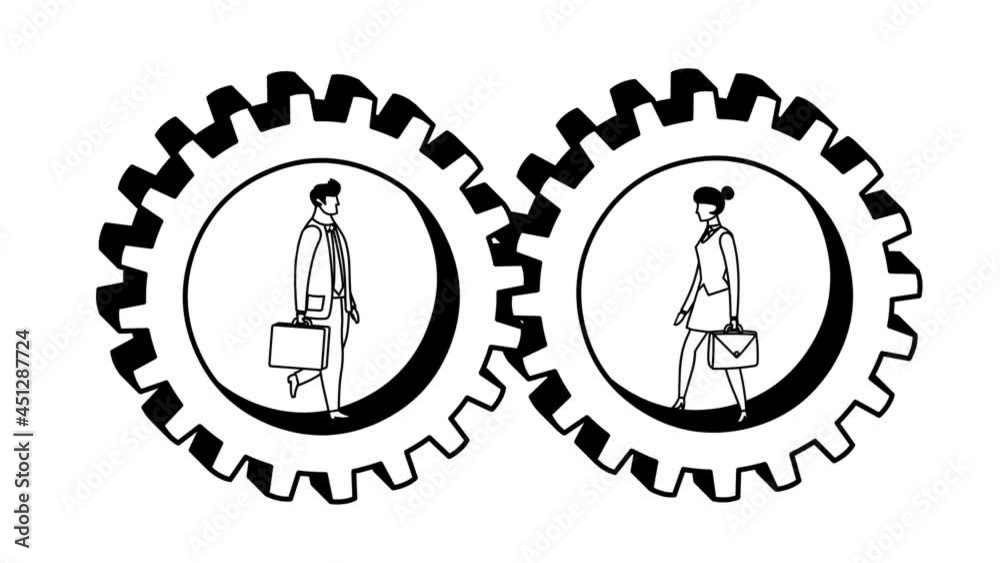 A couple man and woman walking in opposite turning moving cog mechanism ...