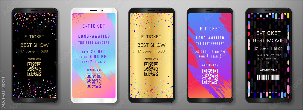 Admission e-ticket template set. Contemporary entrance ticket with ...