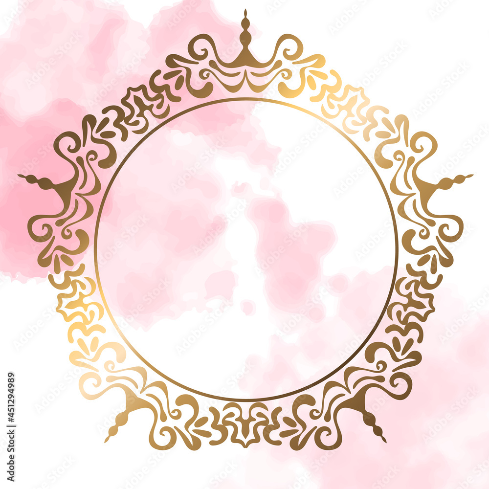 Golden modern frame with watercolor effect background. Pastel strokes ...