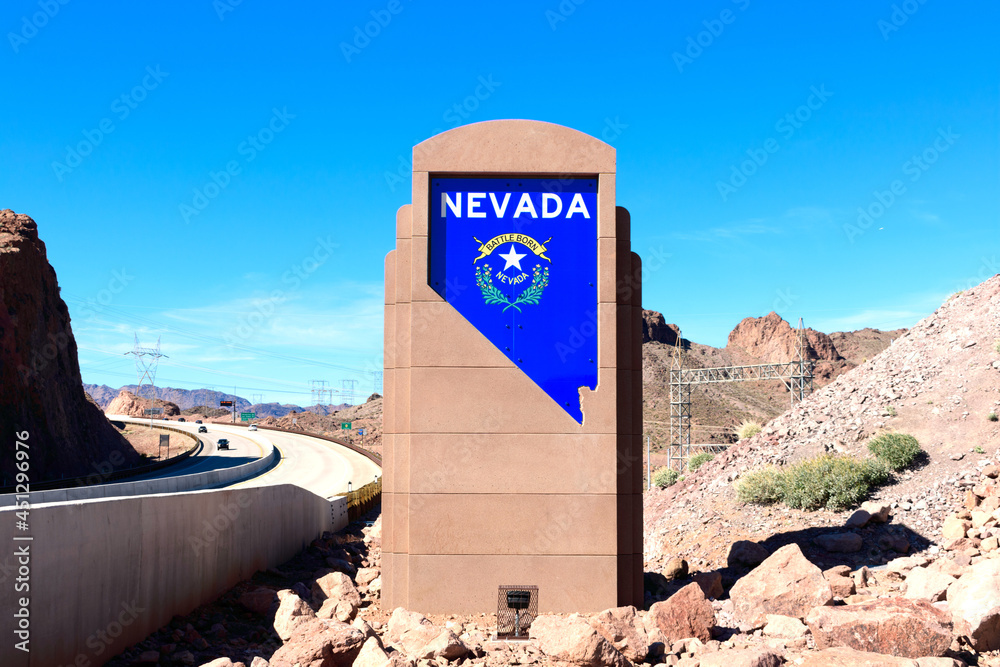 Welcome to Nevada road sign along highway 11. The concrete monument ...