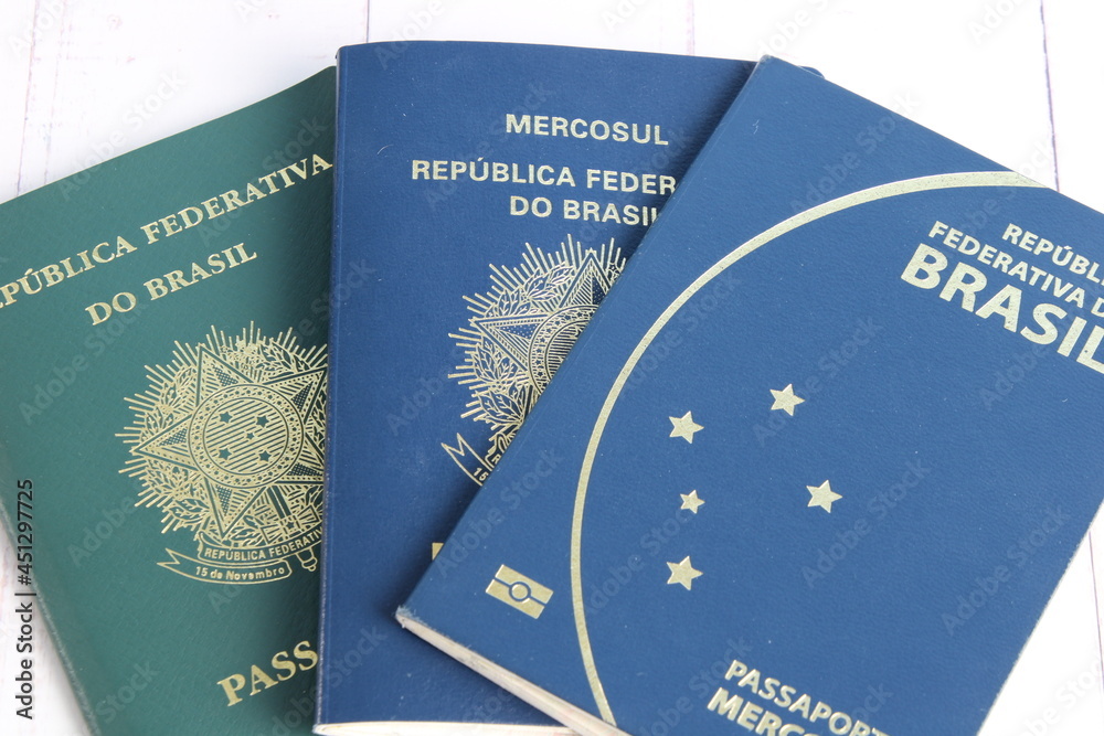 Brazilian passport close-up with a white wooden background. Tree ...