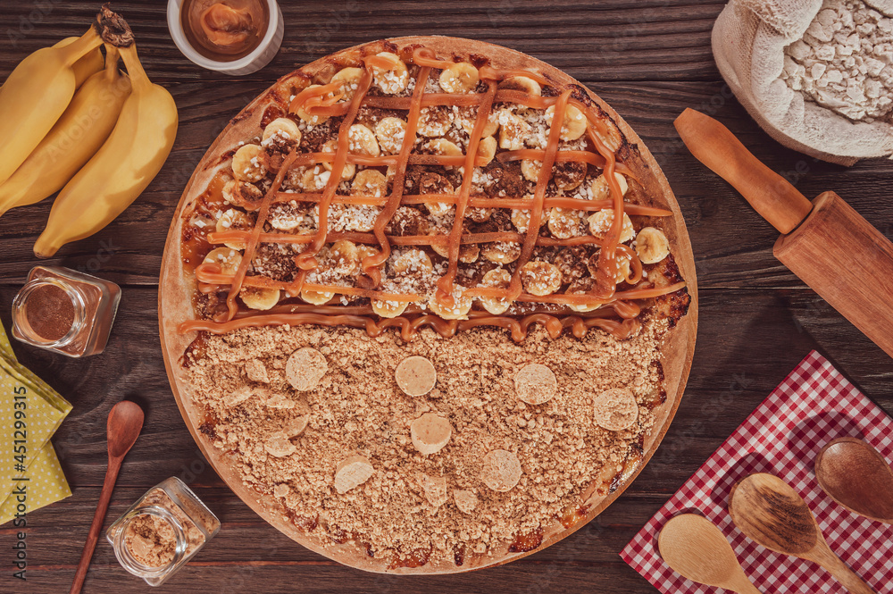 Brazilian sweet pizza half banana, dulce de leche and cinnamon, and ...