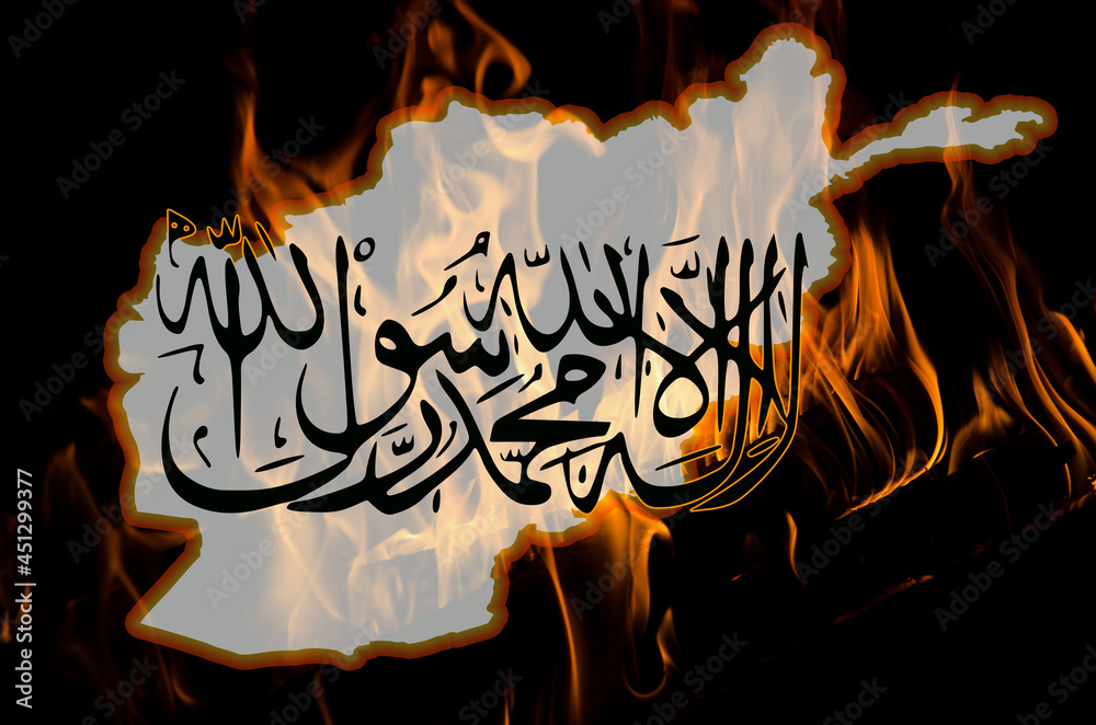 Afghanistan outline map and Taliban insignia with burning fire ...