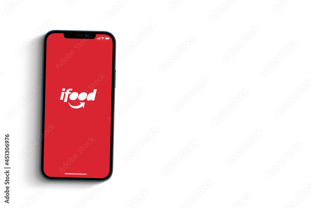 Ifood app on smartphone screen on white background. Ifood logo, digital ...
