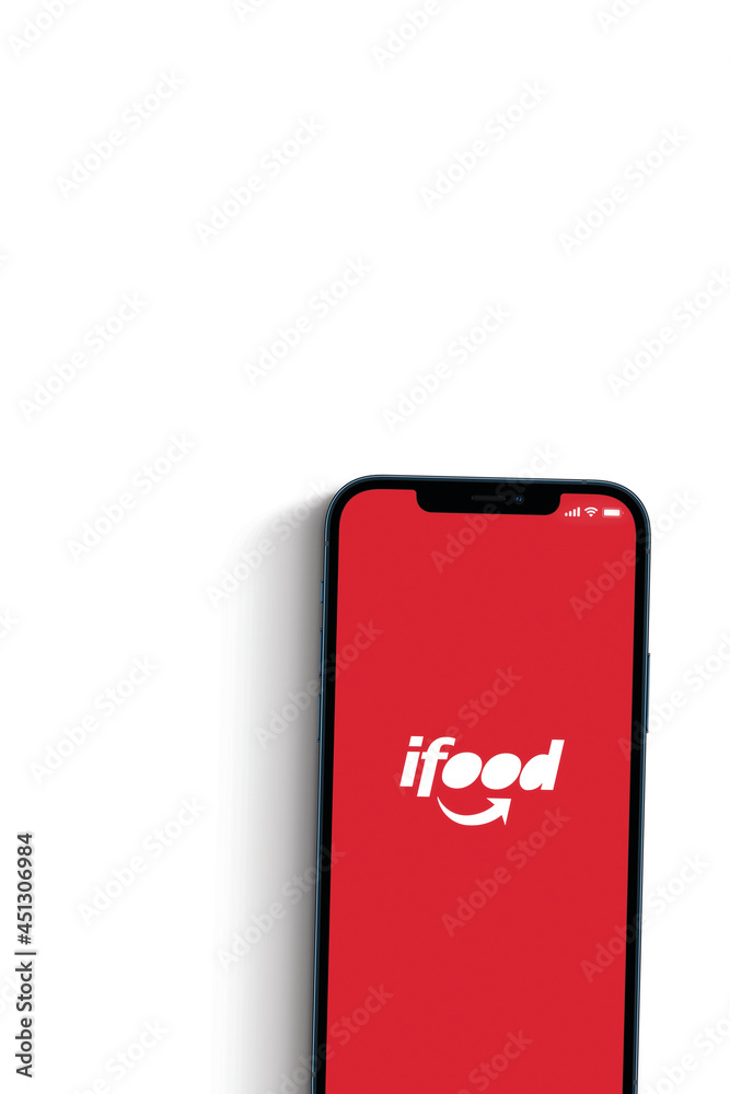 Ifood app on smartphone screen on white background. Ifood logo, digital ...