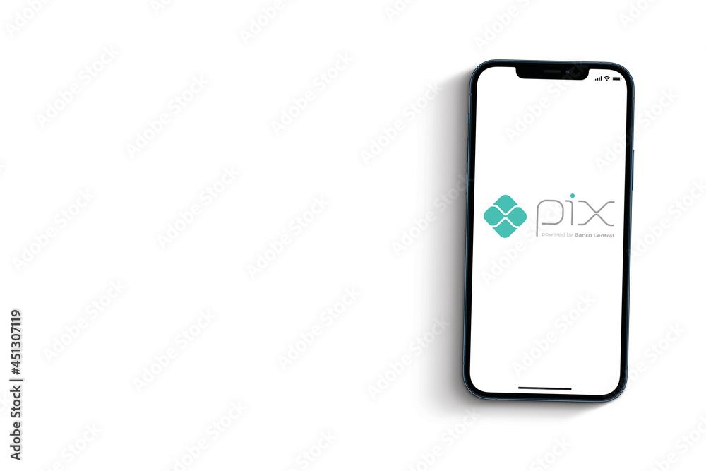 Pix logo on smartphone screen on white background. Pix is the new ...