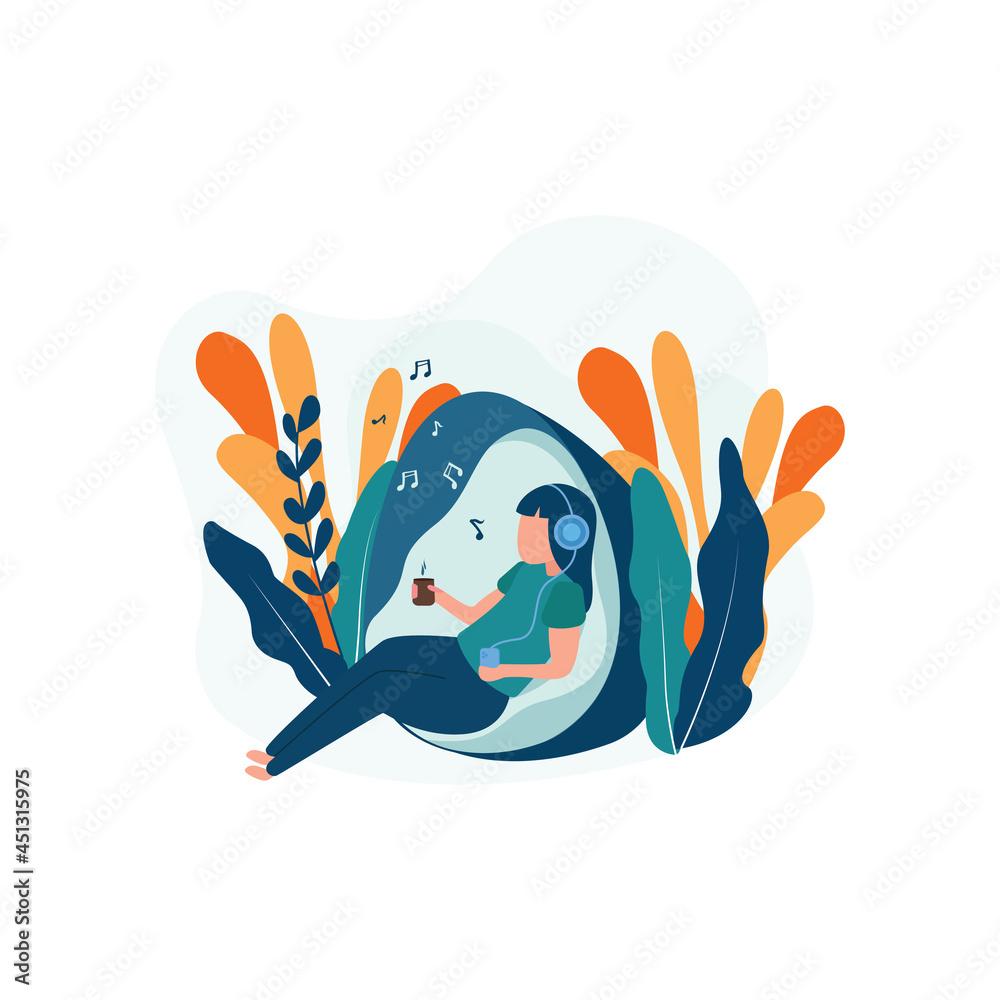 modern vector illustration of a woman relaxing on a chair listening ...