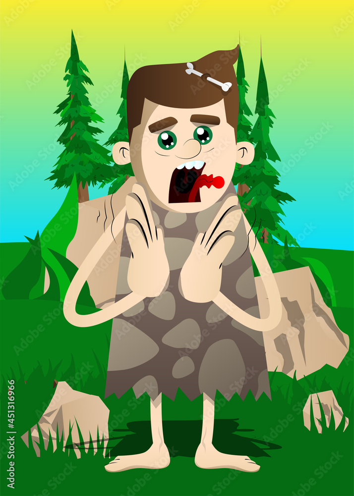 Cartoon prehistoric man with clapping hands. Vector illustration of a ...