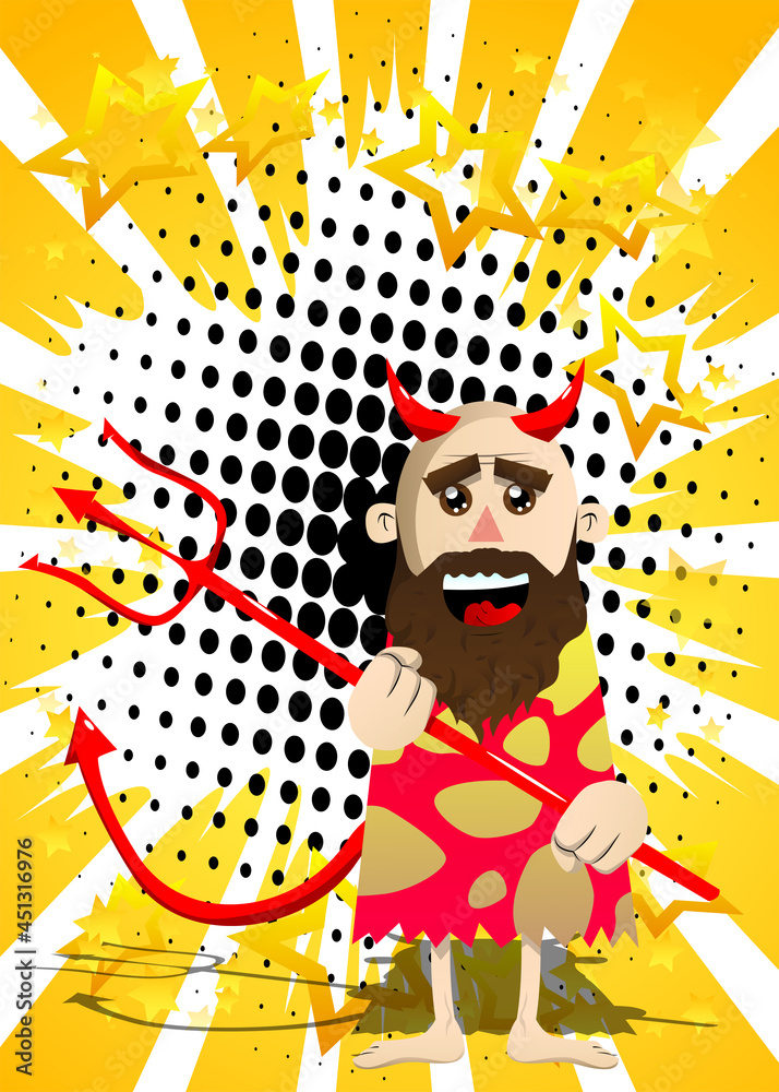 Cartoon prehistoric man devil with pitchfork. Vector illustration of a ...