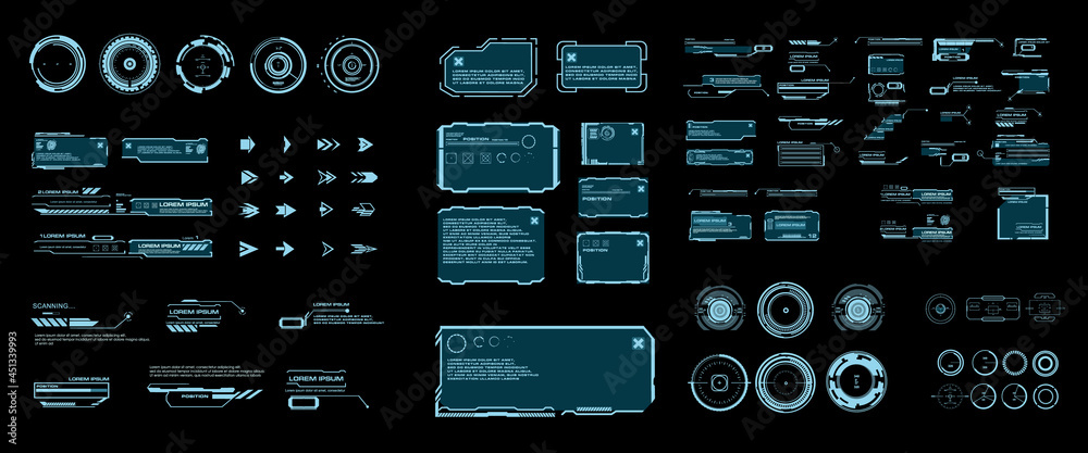 Futuristic set of HUD elements, GUI HUD user interface. Callouts, headers, frames, arrows ...