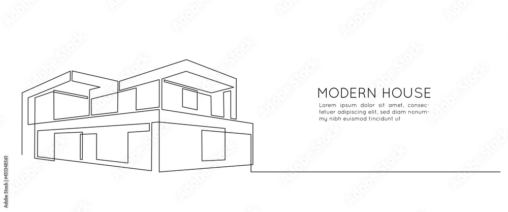 One continuous line drawing of modern house with minimalist ...