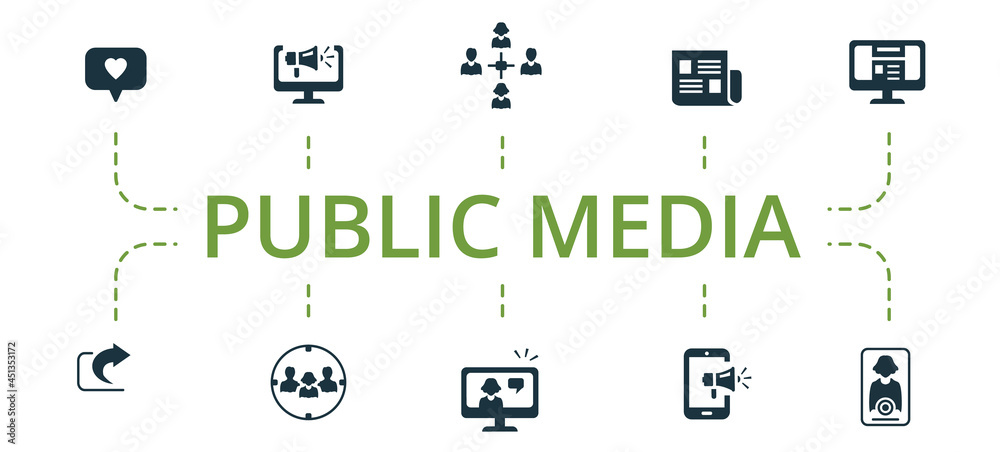 Public Media icon set. Contains editable icons theme such as ...