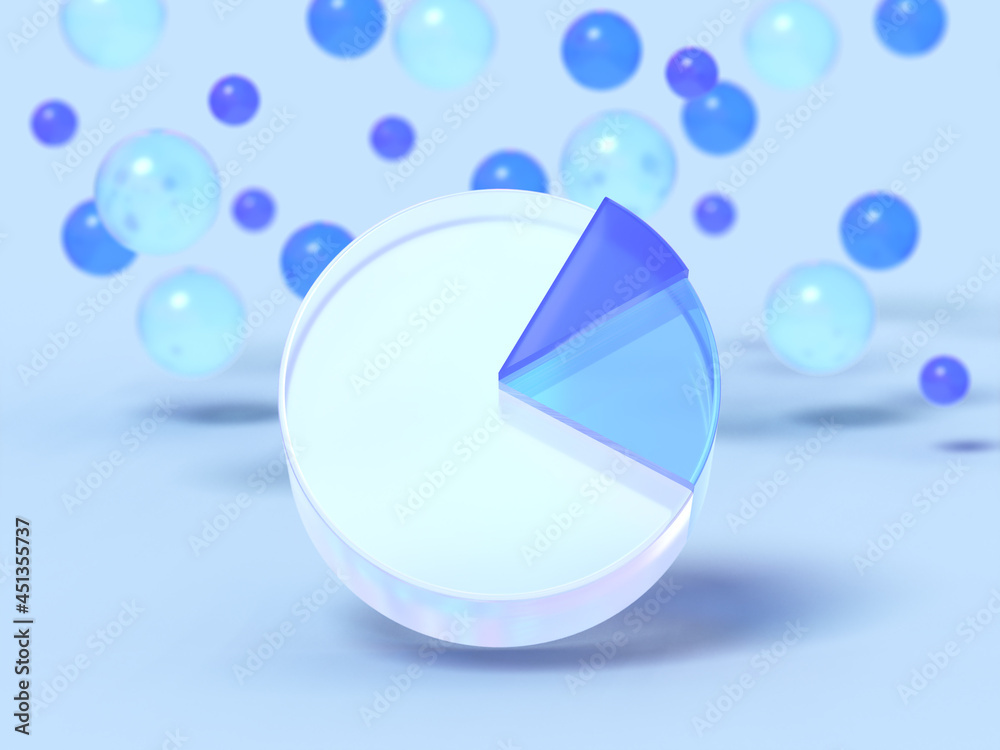 3D rendered pie chart in blue light colors with different sized parts ...