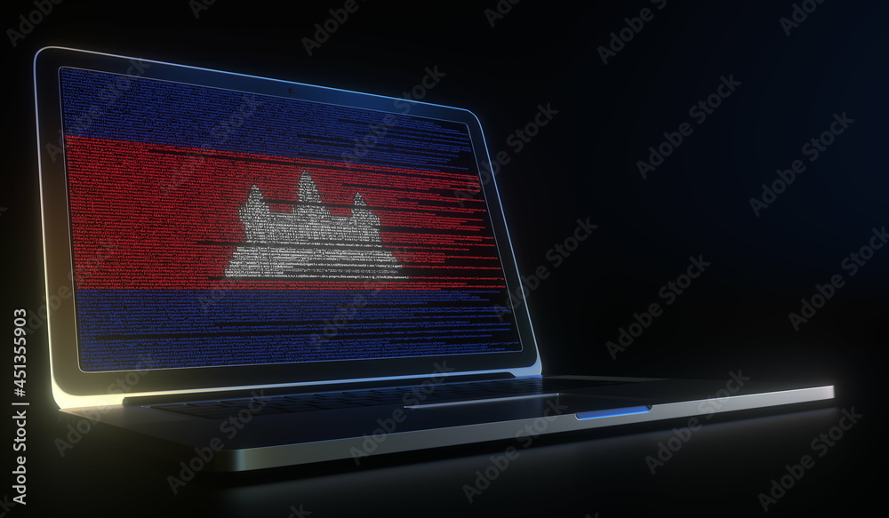Open laptop and computer code on the screen composing flag of Cambodia ...