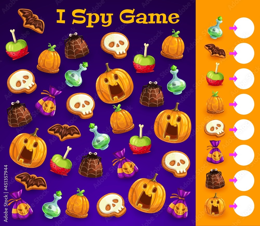 Children I spy game with Halloween treats. Child riddles book vector ...