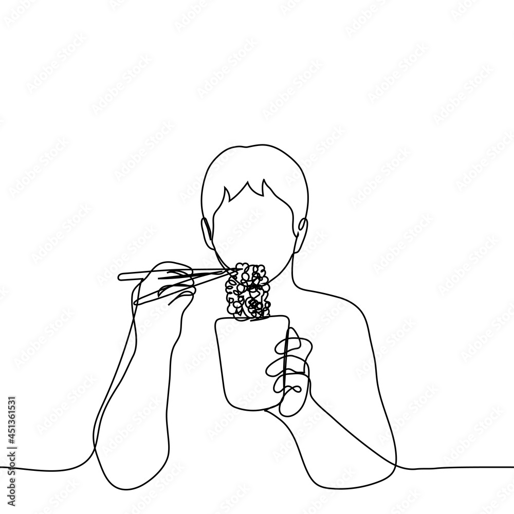 Vektorová grafika „young man eating ramen from a plastic cup - one line ...