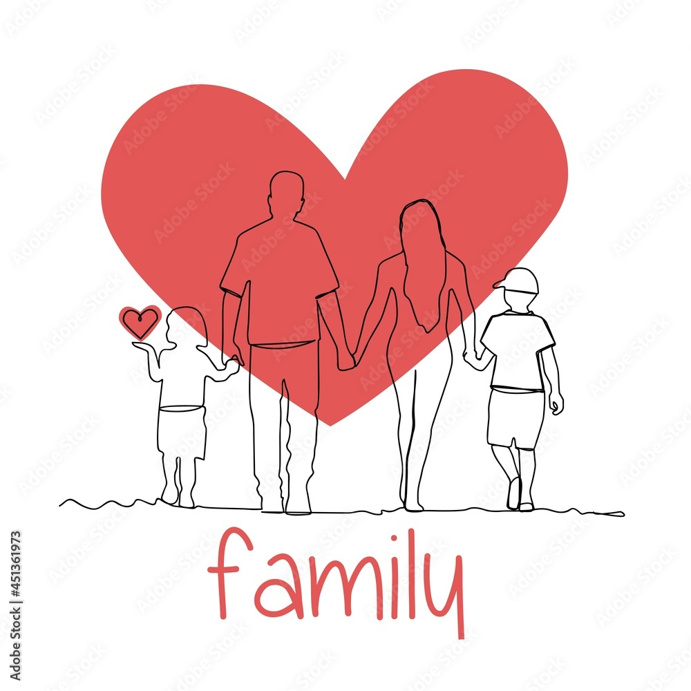 Family mom, dad, daughter and son are walking and hold hands. The ...