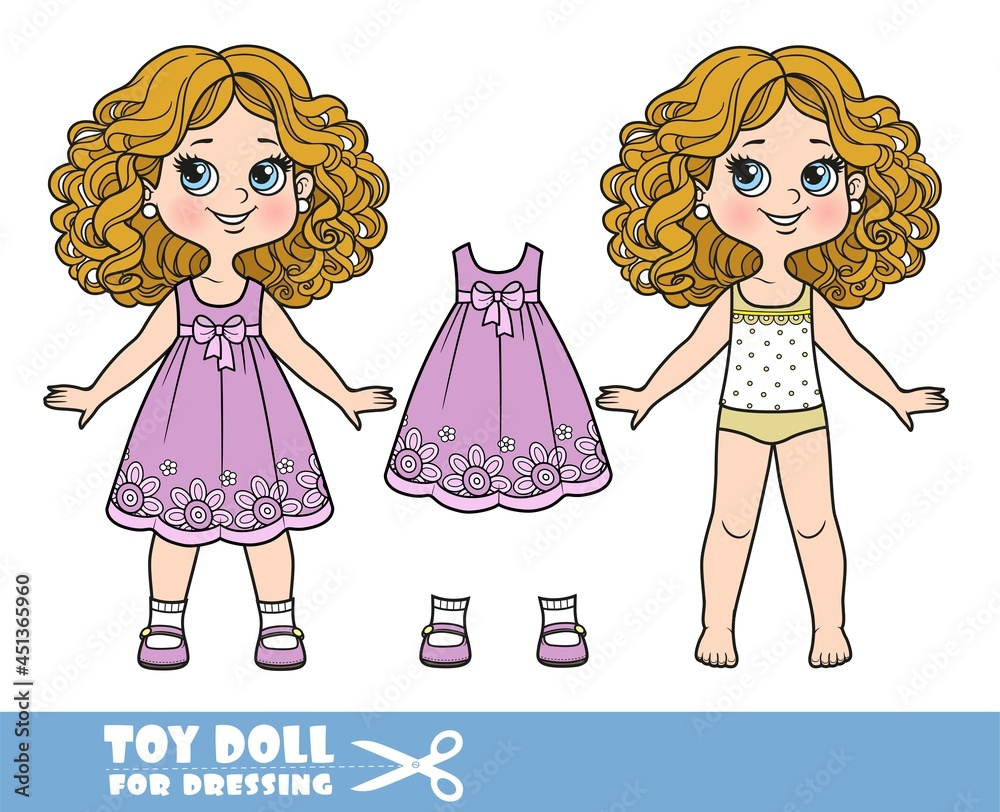 Cartoon girl with curle haired in underwear, dressed and clothes ...