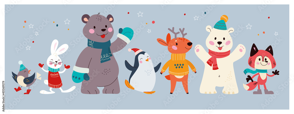 Christmas banner with group of cute winter animals. Polar bear, deer ...