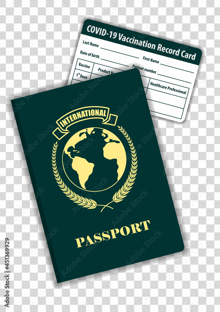 International Passport and Covid-19 Vaccination card isolated on transparent background. Mock Up ...