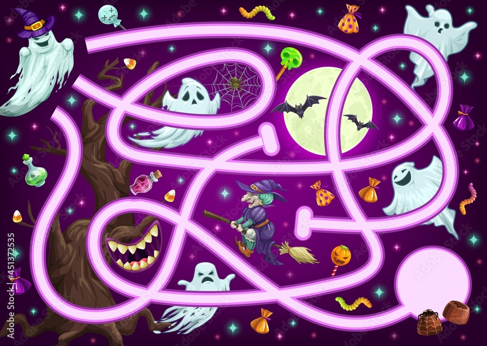 Maze game puzzle, Halloween cartoon labyrinth, vector kids and children ...
