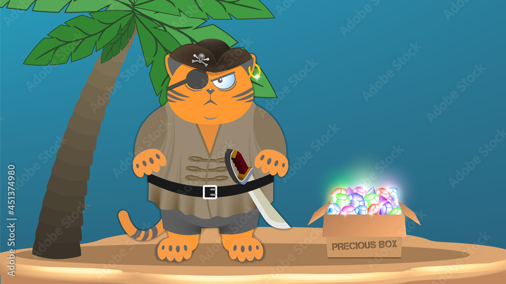 Cartoon fat red grumpy cat pirate in a camisole with one eye and a ...