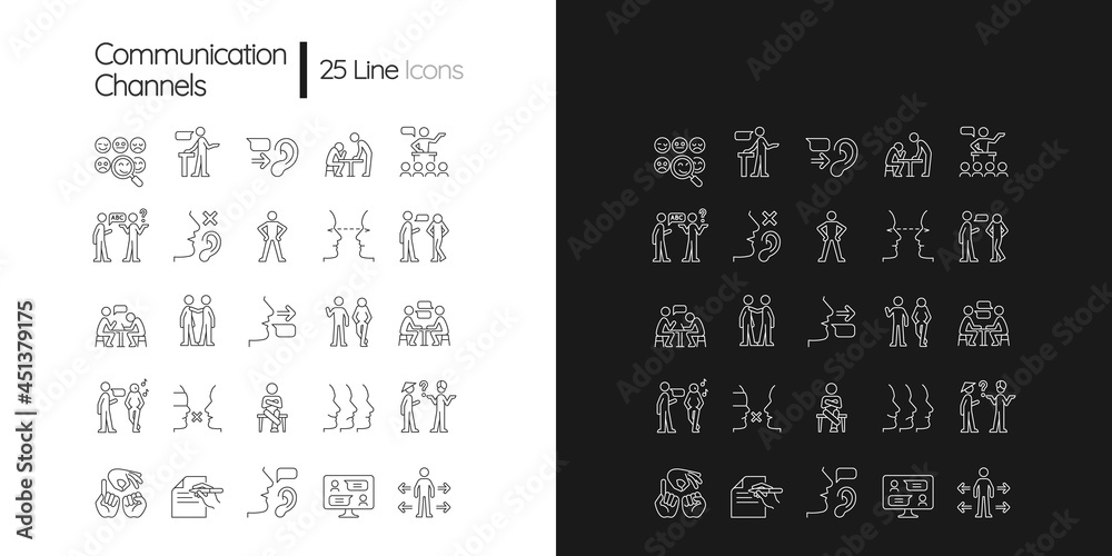 Communication channel linear icons set for dark and light mode. Body ...
