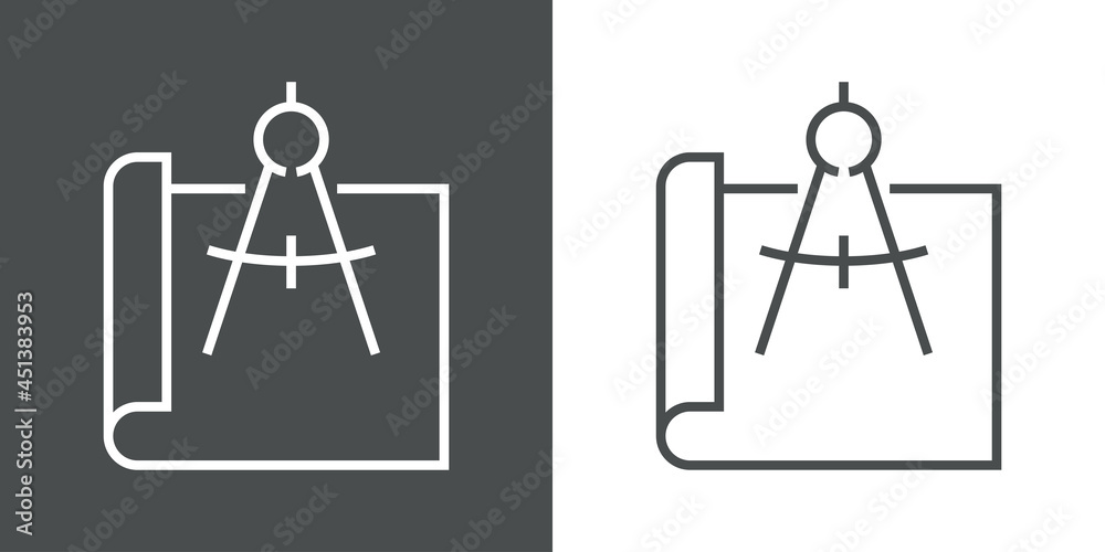 Icono silueta de plano de papel con herramienta de dibujo compás ...