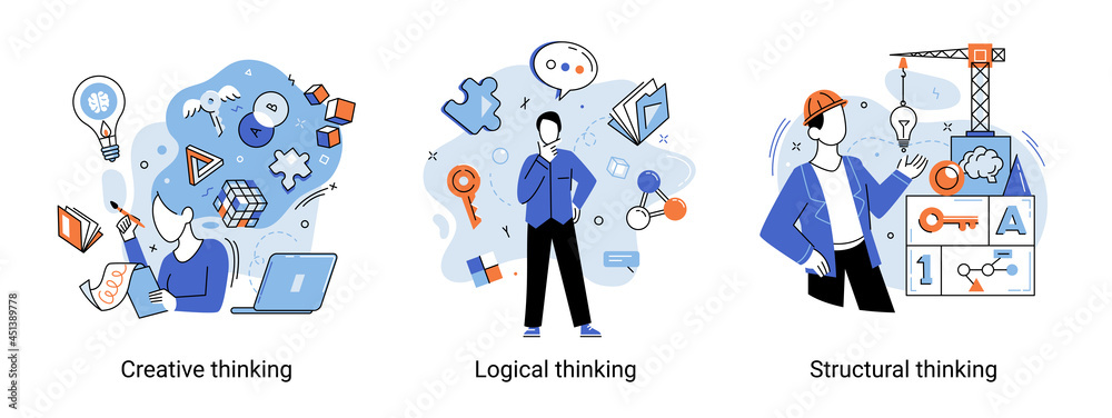 Creative thinking. People with different mental mindset types or model ...