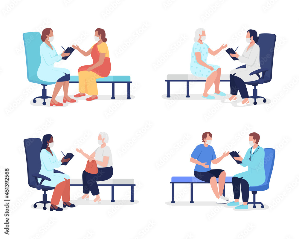 Doctor appointment semi flat color vector characters set. Full body ...