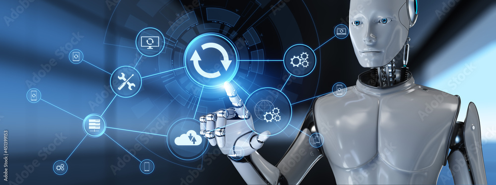 Update system upgrade install. Robot pressing button on screen 3d render. #451399153 - Kamienie ...