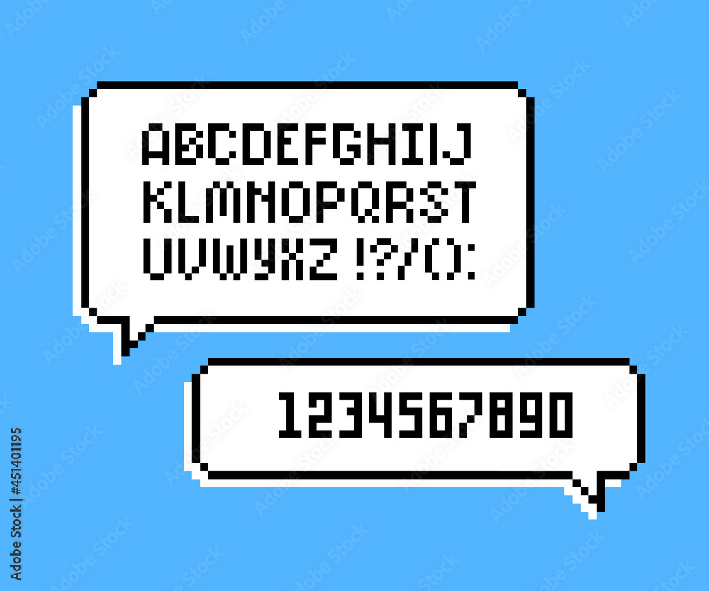 Pixel art 8-bit white speech bubble set with type font and numbers ...