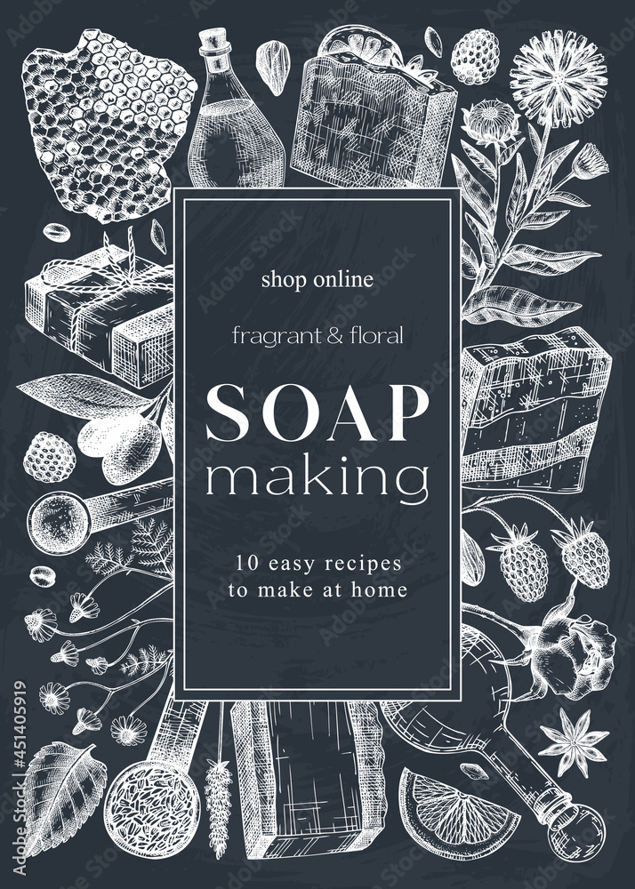 Soap making design on chalkboard. Hand-sketched soap ingredients and ...