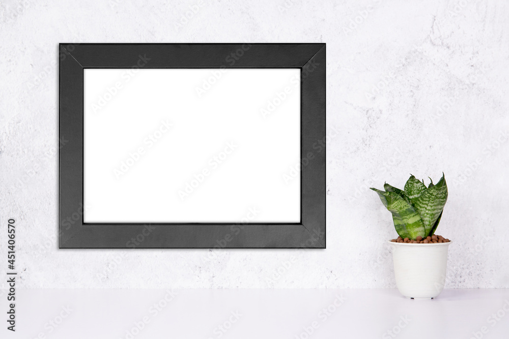 Foto Stock Mockup black frame horizontal on the wall and plants in pot ...