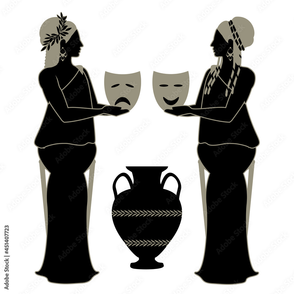 Two girls dressed in ancient Greek style, holding theatrical masks of ...