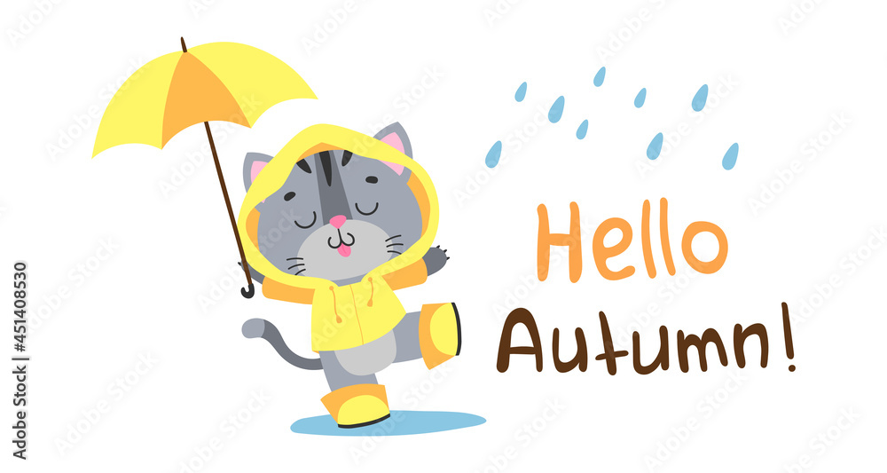 Cute gray kitty, kitten, cat with umbrella in yellow raincoat, coat ...