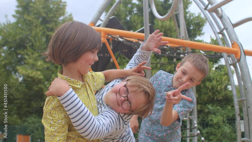 Children and teenagers fool around, show signs, show emotions with a ...